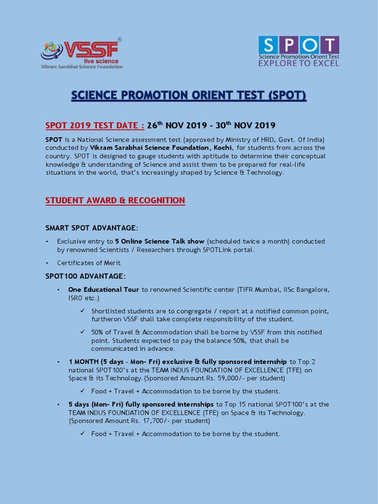 VSSF SPOT Exam 2019 Registration Details | PDF | Multiple Choice | Science