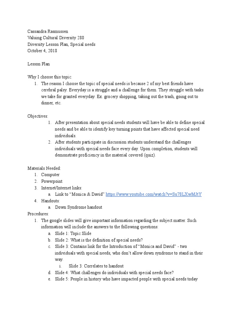 Special Needs Lesson Plan | Download Free PDF | Special Education ...