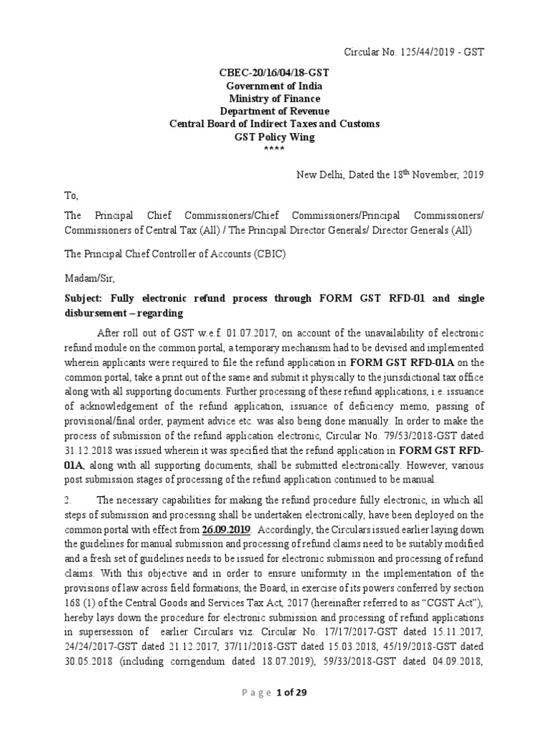 Circular CGST 125 | PDF | Debits And Credits | Value Added Tax