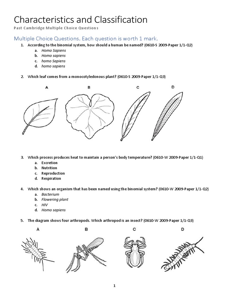 Characteristics and Classification Cambridge IGCSE Exercise Question ...