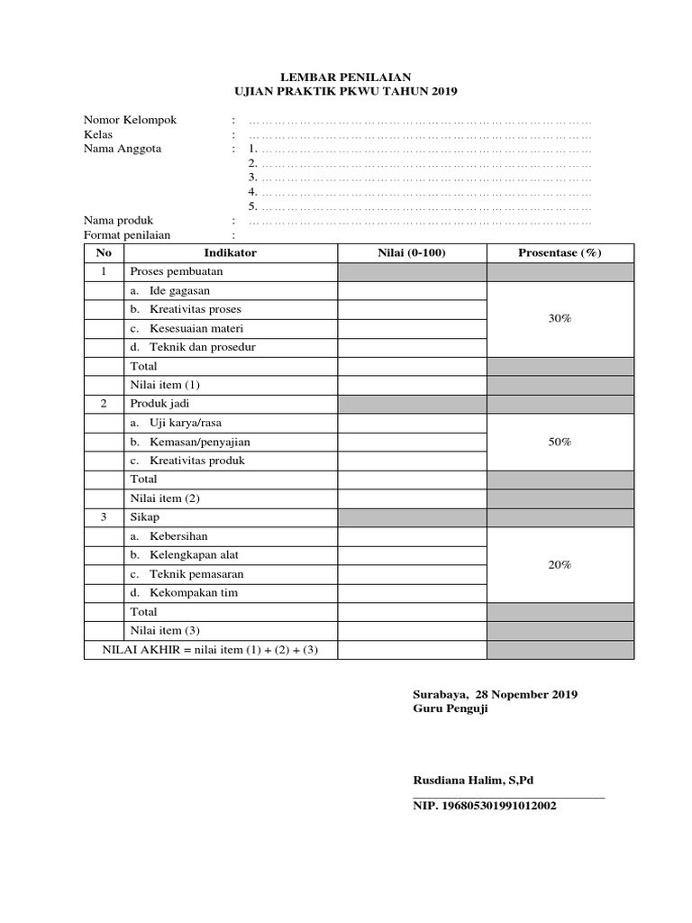 Lembar Penilaian Ujian Praktik Pkwu | PDF