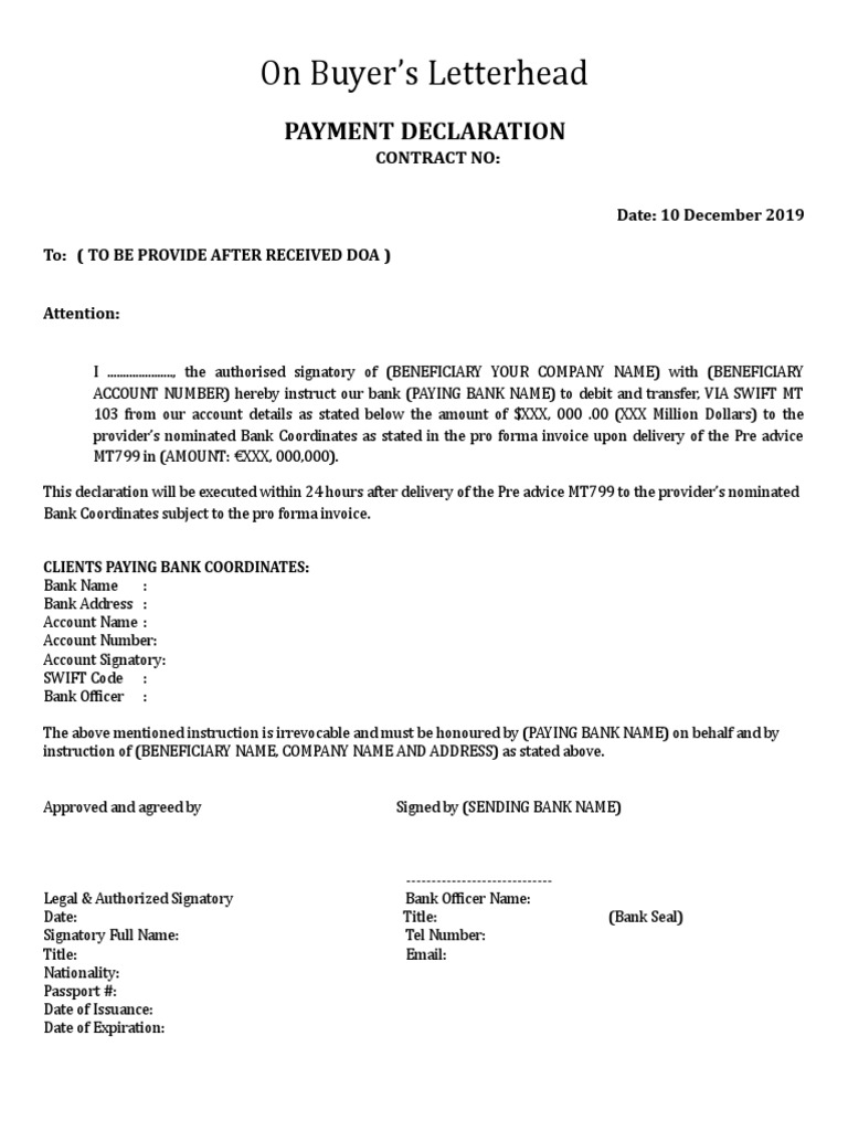 Bank Payment Declaration For MT103 Swift | PDF
