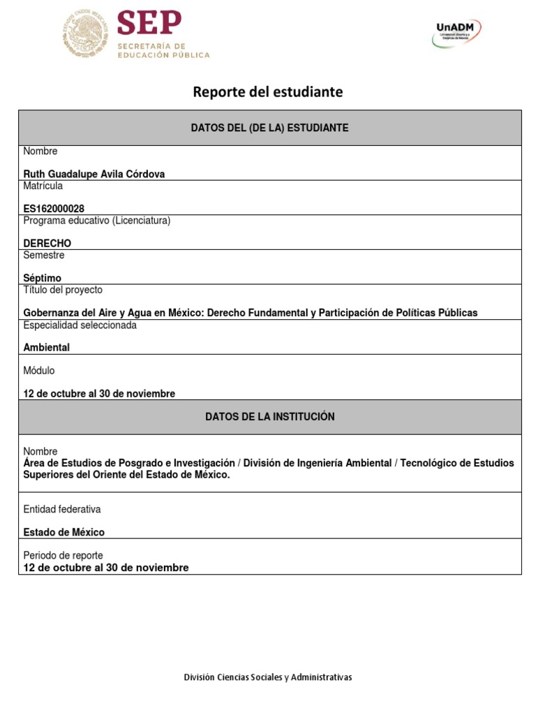 Formato Reporte Del Estudiante | PDF | Ingeniería | Academia