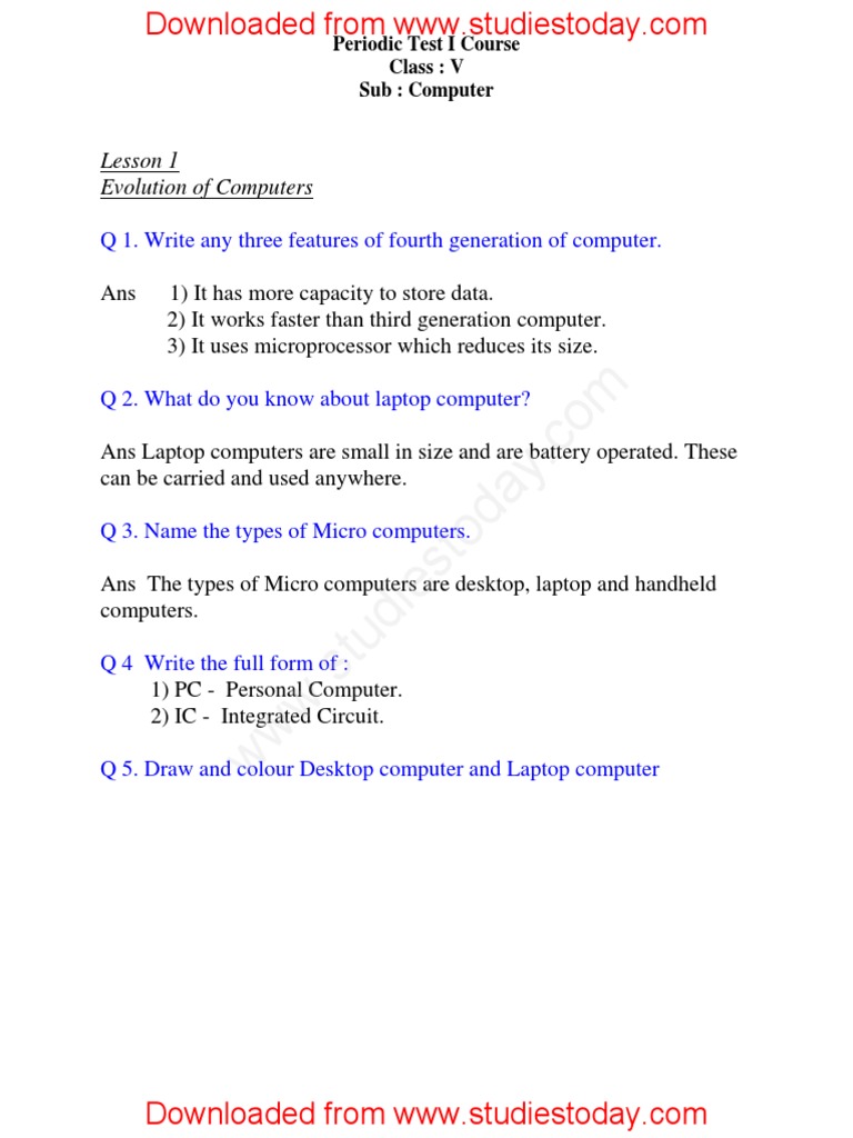 CBSE Class 5 Computer Science Evolution of Computers | PDF