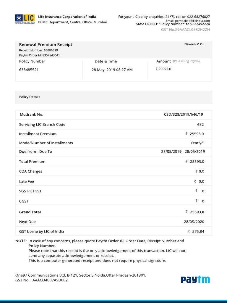 Paytm Paid Format For LIC | PDF