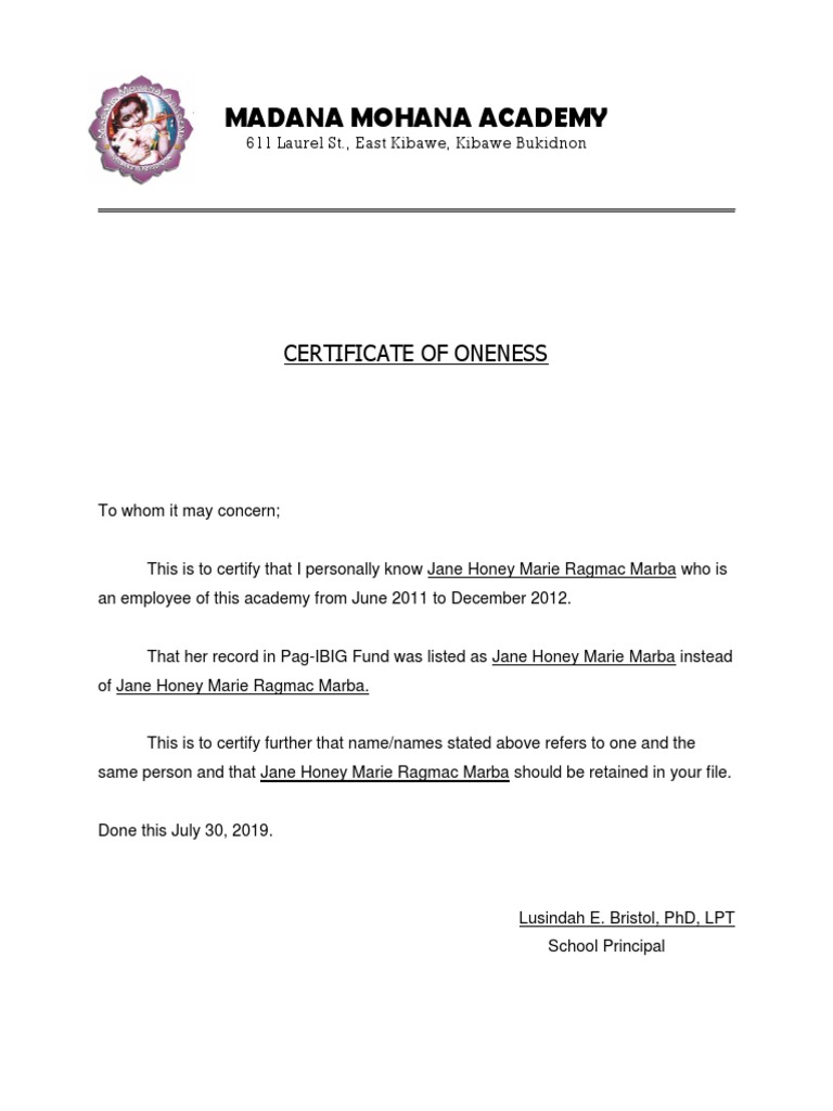 Certificate of Oneness, Jane Honey Marie Ragmac Marba | PDF