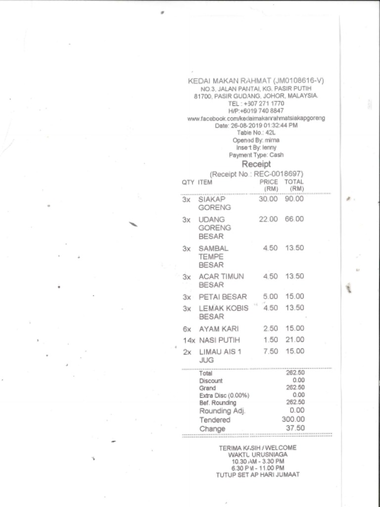 Receipt Kedai Makan Rahmat | PDF