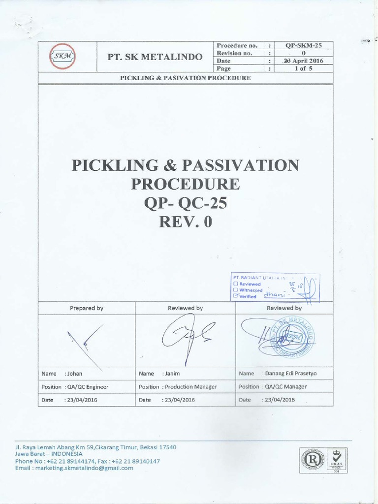 Pickling And Passivation Procedure Pdf