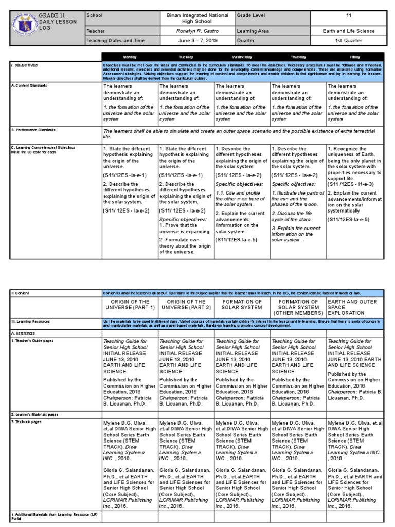 Grade 11 Earth Science Daily Lesson Log | PDF | Solar System | Universe