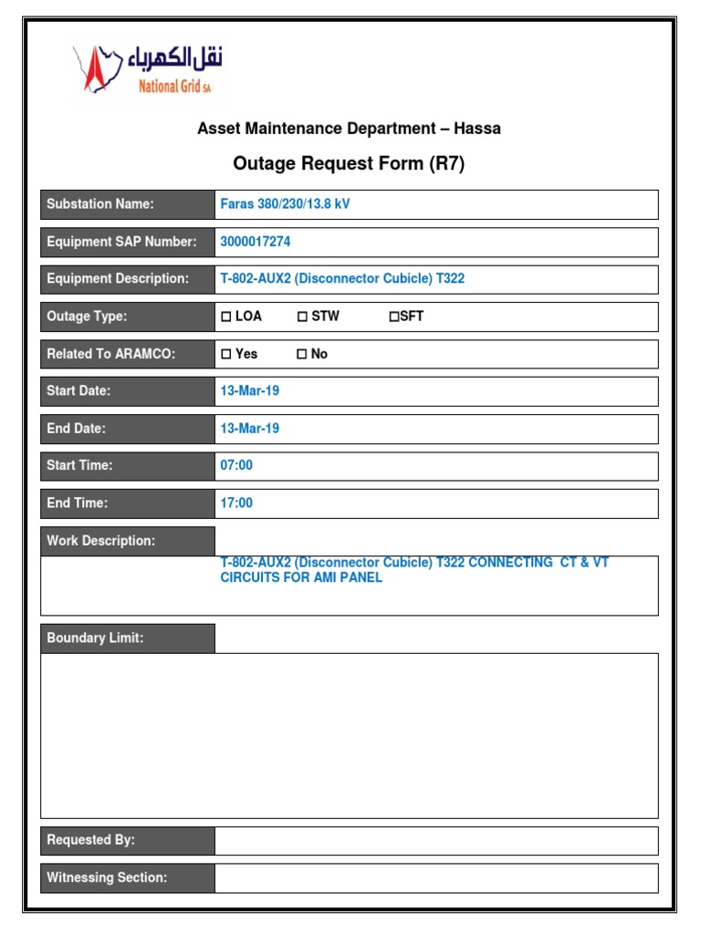 Outage Request Form Faras AUX 2 | PDF