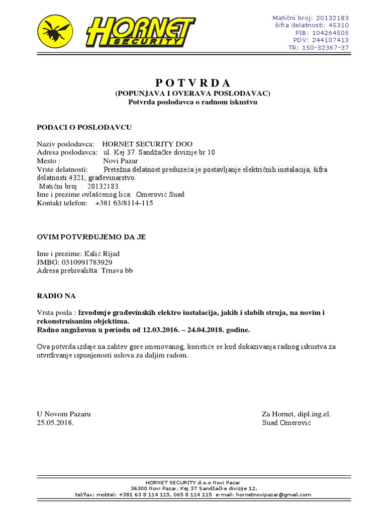 Potvrda Za Radno Angažovanje | PDF