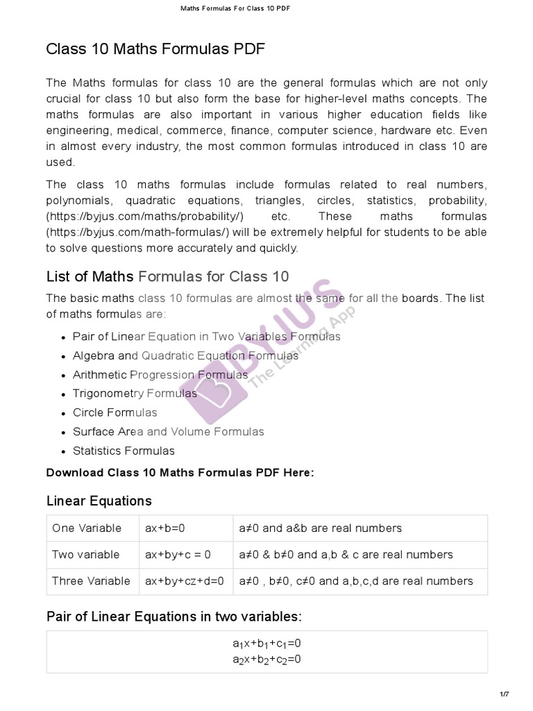 Class 10 Maths Formulas PDF Guide | PDF | Area | Trigonometric Functions