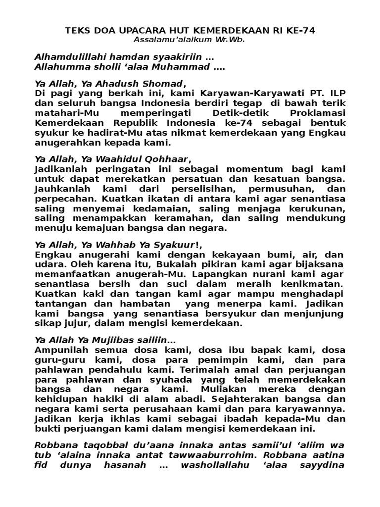 Teks Doa Upacara HUT Kemerdekaan RI Ke-74 | PDF