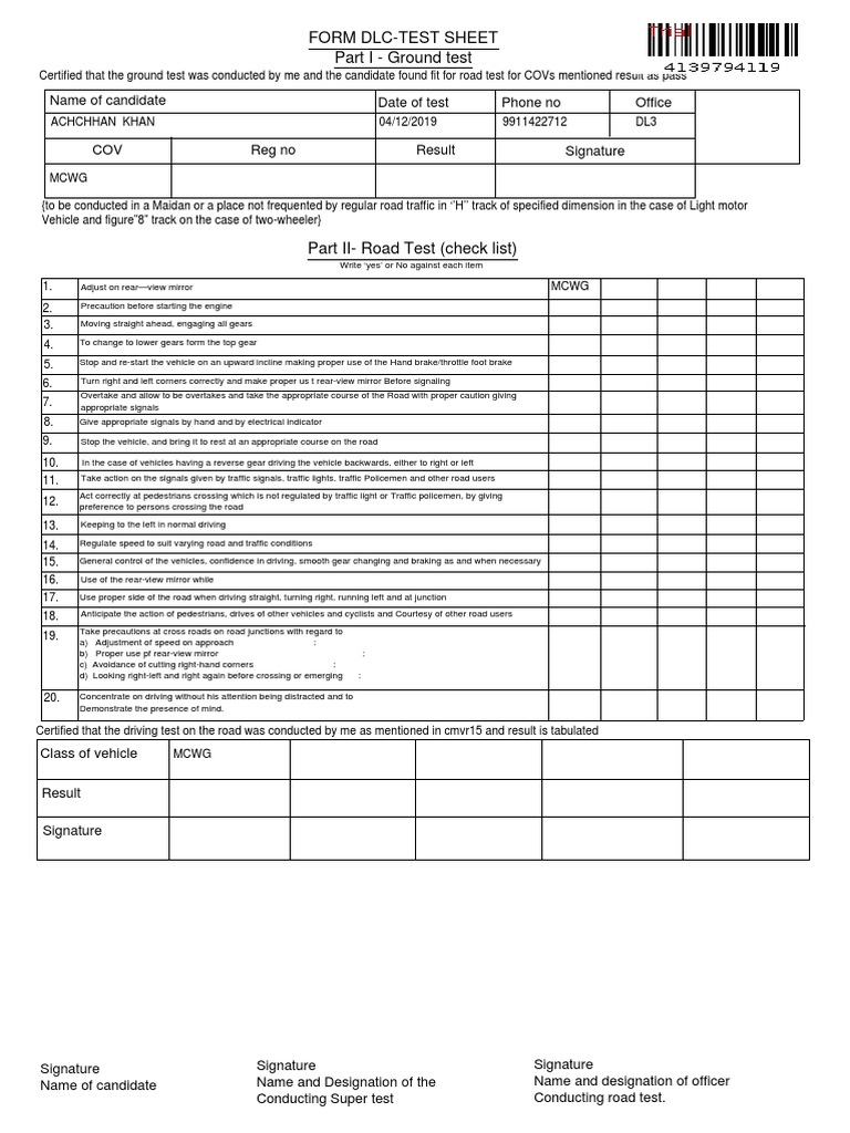 DL Test Form PDF | PDF | Traffic | Driving