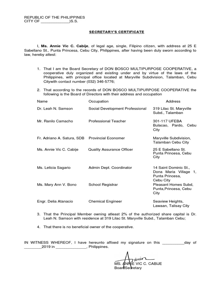 Secretary Certificate RDO2 | PDF | Civil Law (Common Law) | Government