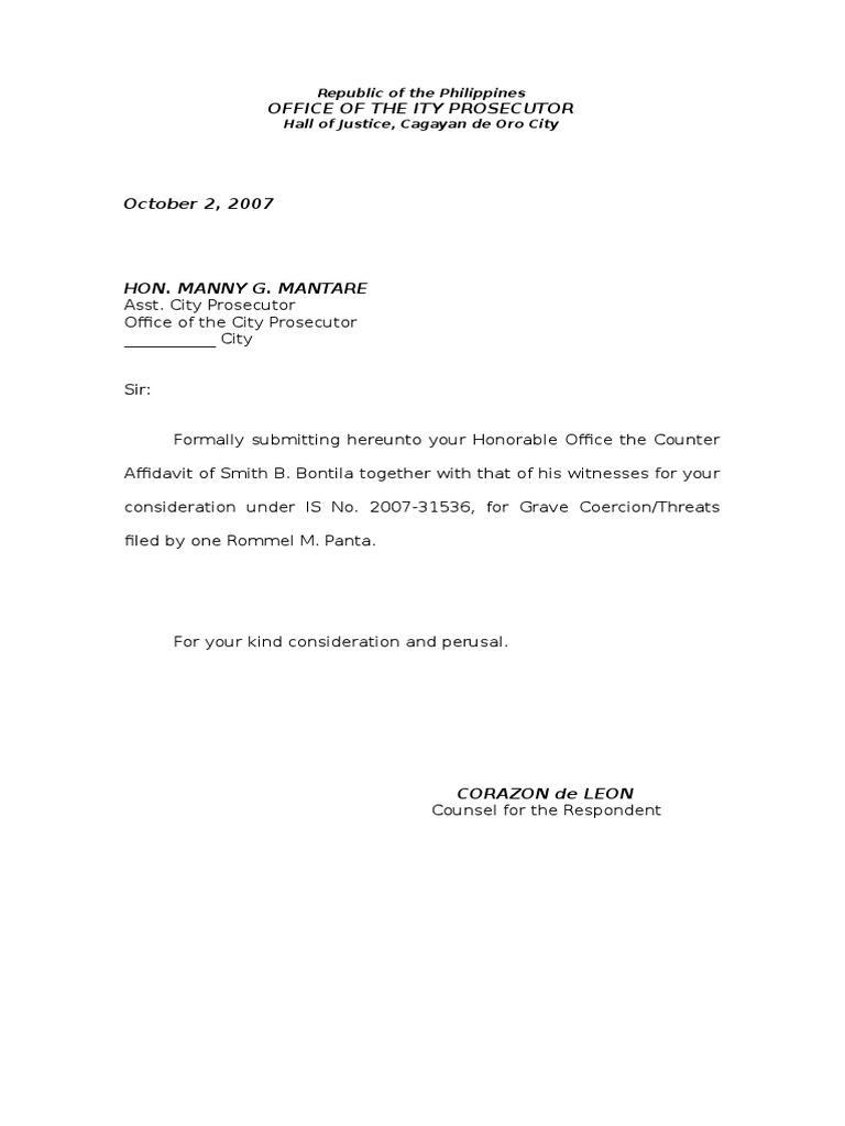 Cover Letter - Smith Bontila - Counter Affidavit | PDF