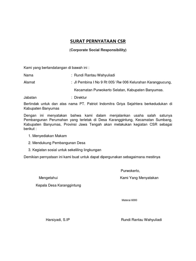SURAT PERNYATAAN Melaksanakan CSR | PDF
