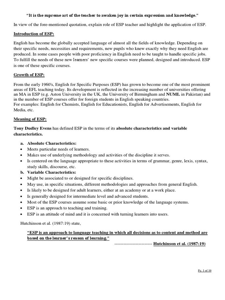 ESP Assignment | PDF | Teachers | Learning