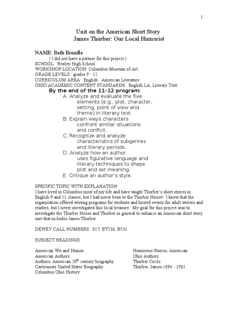 Unit On The American Short Story James Thurber: Our Local Humorist ...