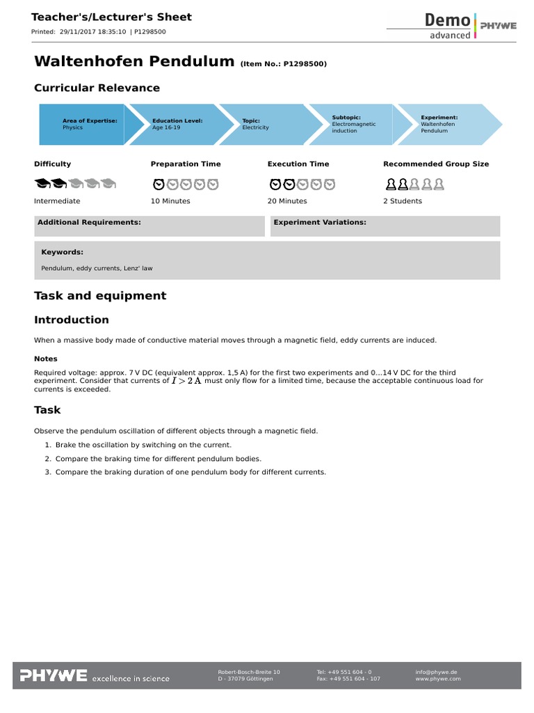 Waltenhofen Pendulum Experiment Guide | PDF | Electromagnetic Induction | Electric Current