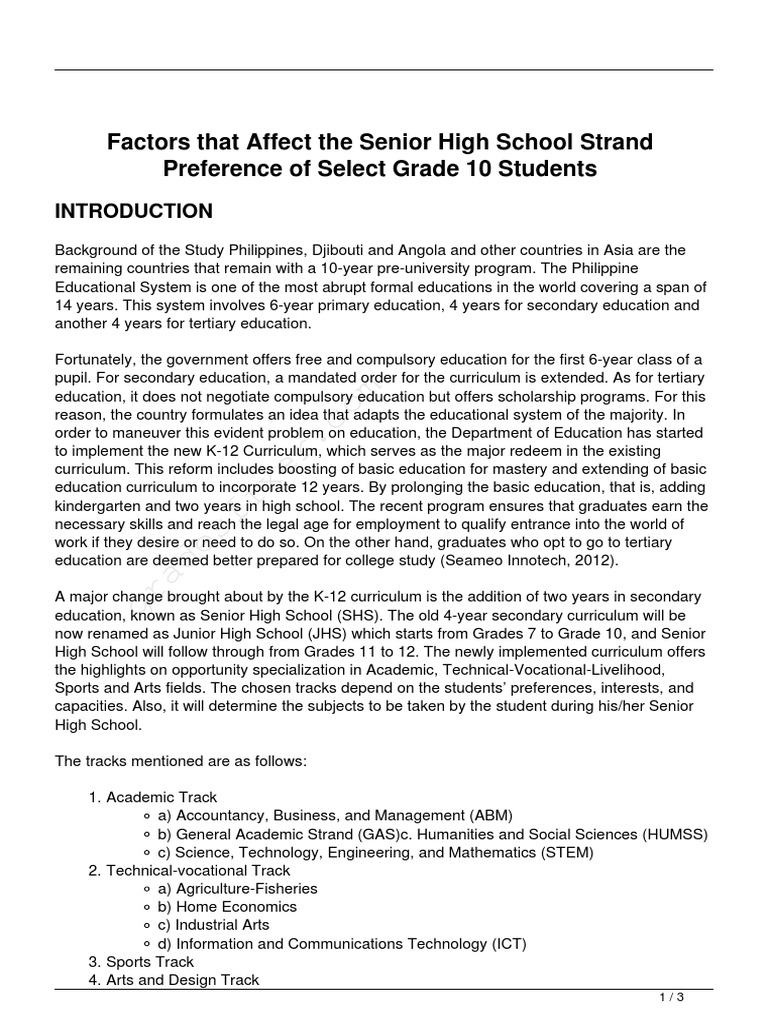 Factors That Affect The Senior High School Strand Preference of Select ...