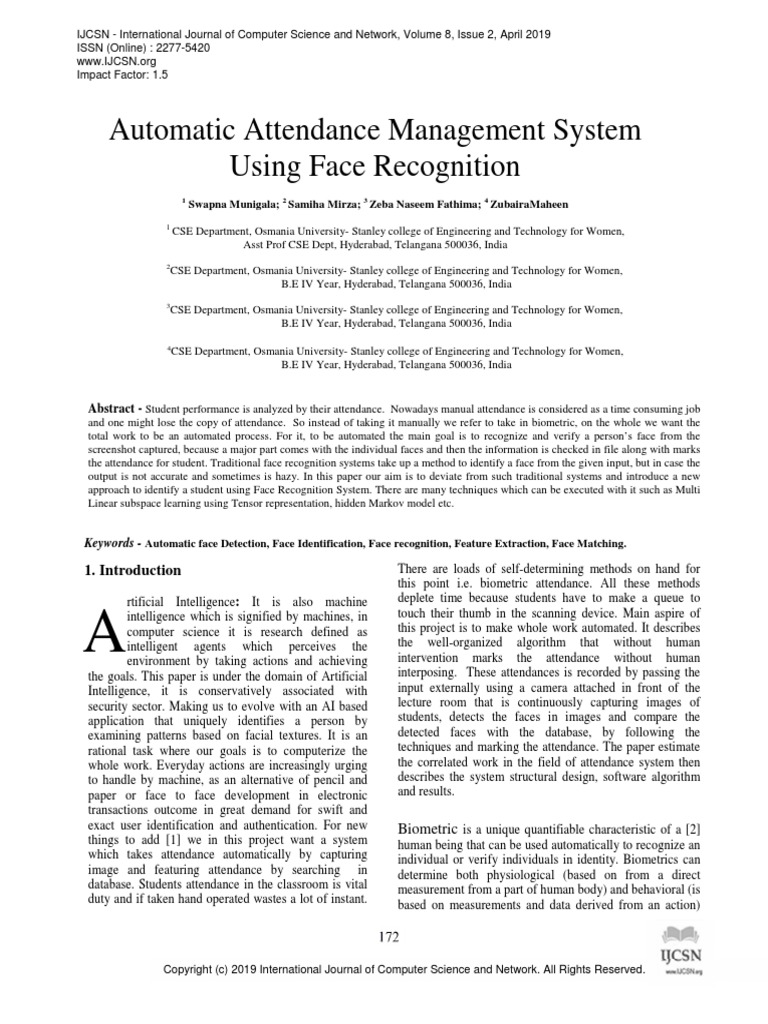 Automatic Attendance Management System Using Face Recognition PDF | PDF | Biometrics | Digital Image