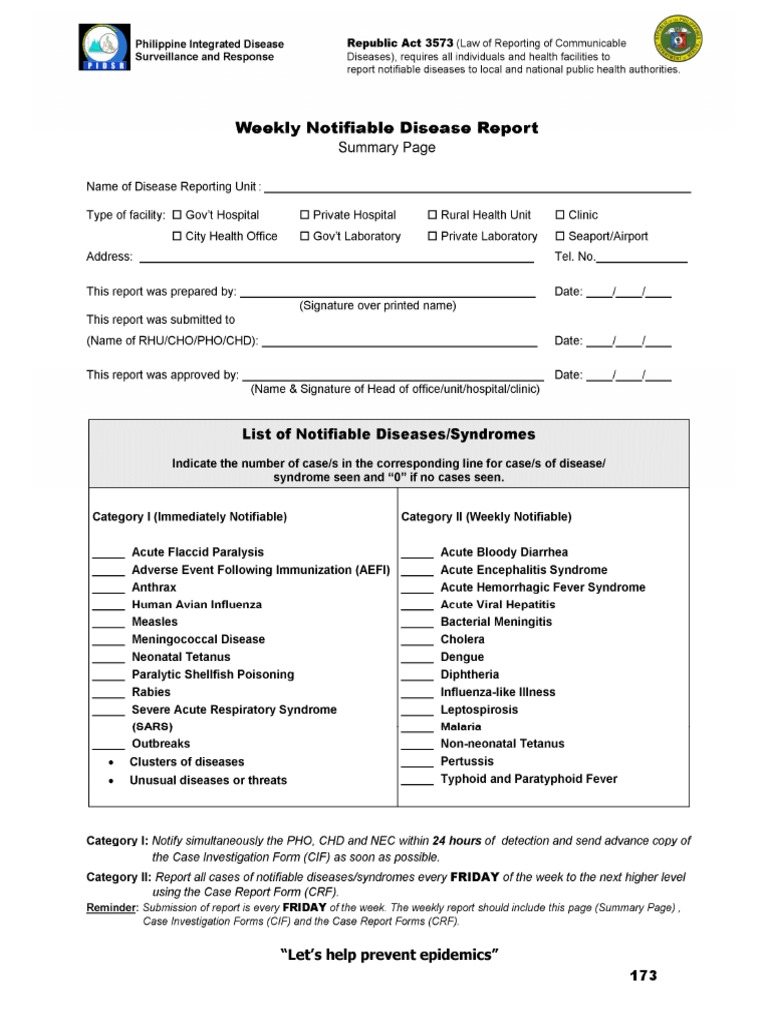 A - Weekly Notifiable Disease Report - From PIDSR 2nd Ed PDF | PDF