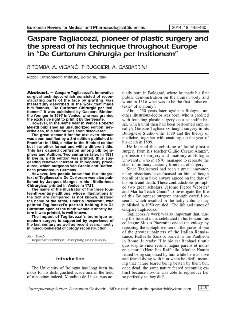 Tagliacozzi's Impact on Plastic Surgery | PDF | Surgery | Medicine