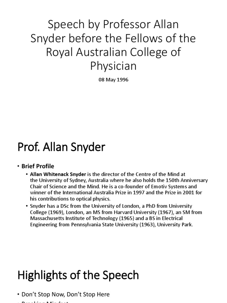 Professor Allan Snyder | PDF | Self-Improvement