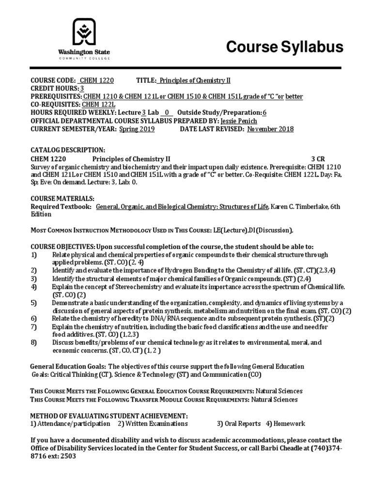 Chem 1220 Course Syllabus | PDF | Organic Chemistry | Chemistry