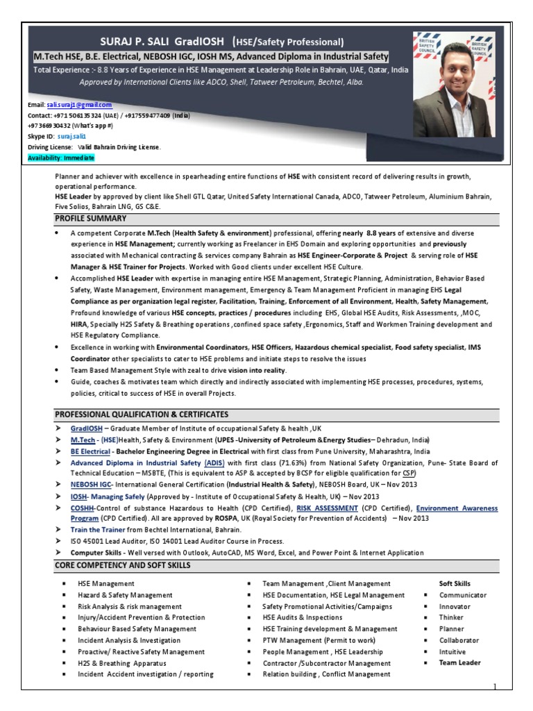 CV-Middle East - HSE Professional - Suraj Sali GradIOSH, M.Tech, BE ...