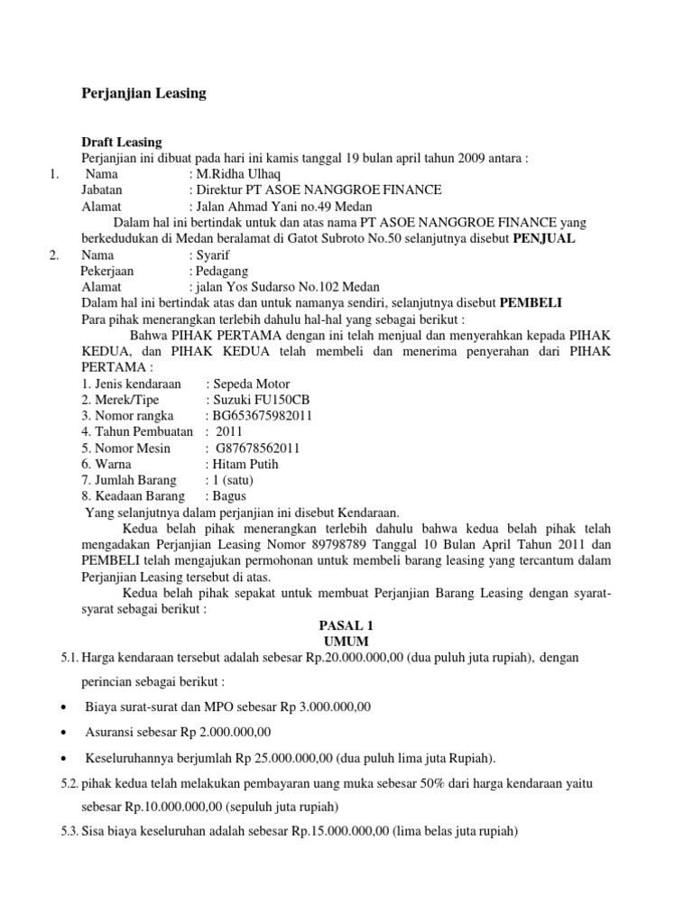 Contoh Perjanjian Leasing | PDF | Pengelolaan Keuangan & Uang | Hukum