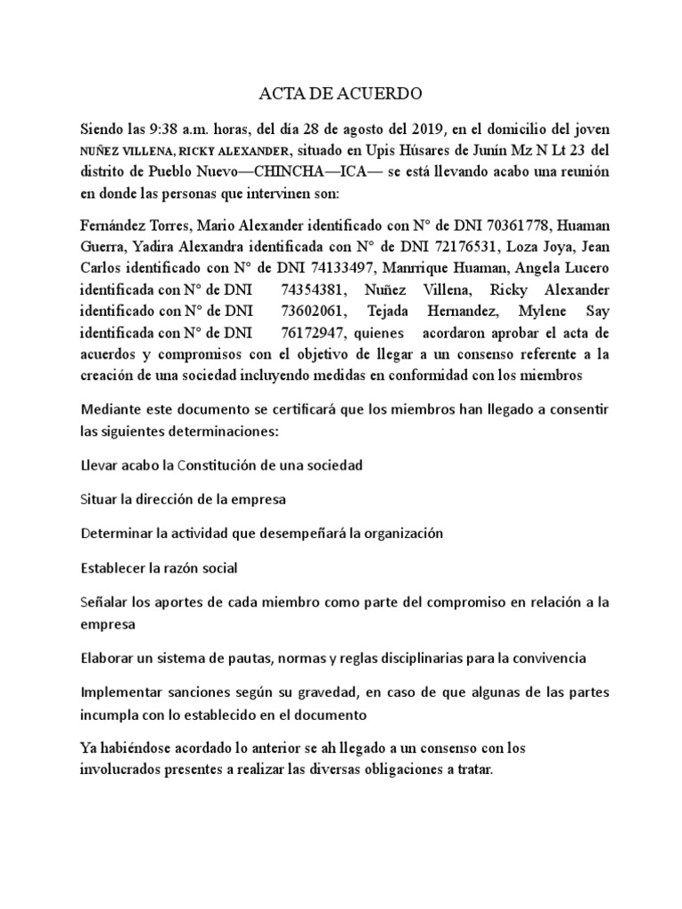 ACTA DE ACUERDO - Borrador | PDF