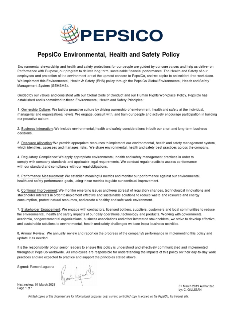 Pepsico Environmental Health and Safety Policy PDF | PDF | Occupational ...