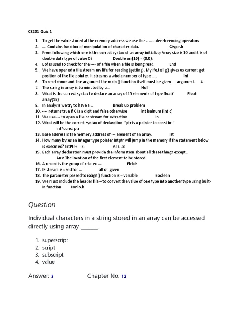 CS201 Quiz | Download Free PDF | Pointer (Computer Programming) | Parameter (Computer Programming)