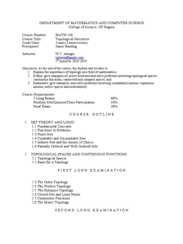 Math 140 Syllabus 1st Sem 2018-2019 PDF | PDF | Topology | Compact Space