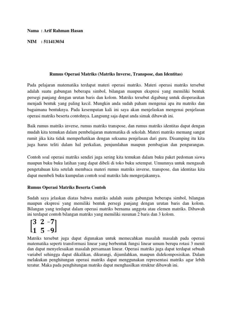 Rumus Operasi Matriks Lengkap | PDF