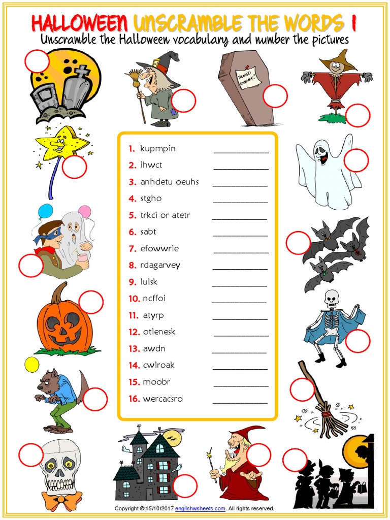 Halloween Vocabulary Esl Unscramble The Words Worksheets For Kids PDF ...