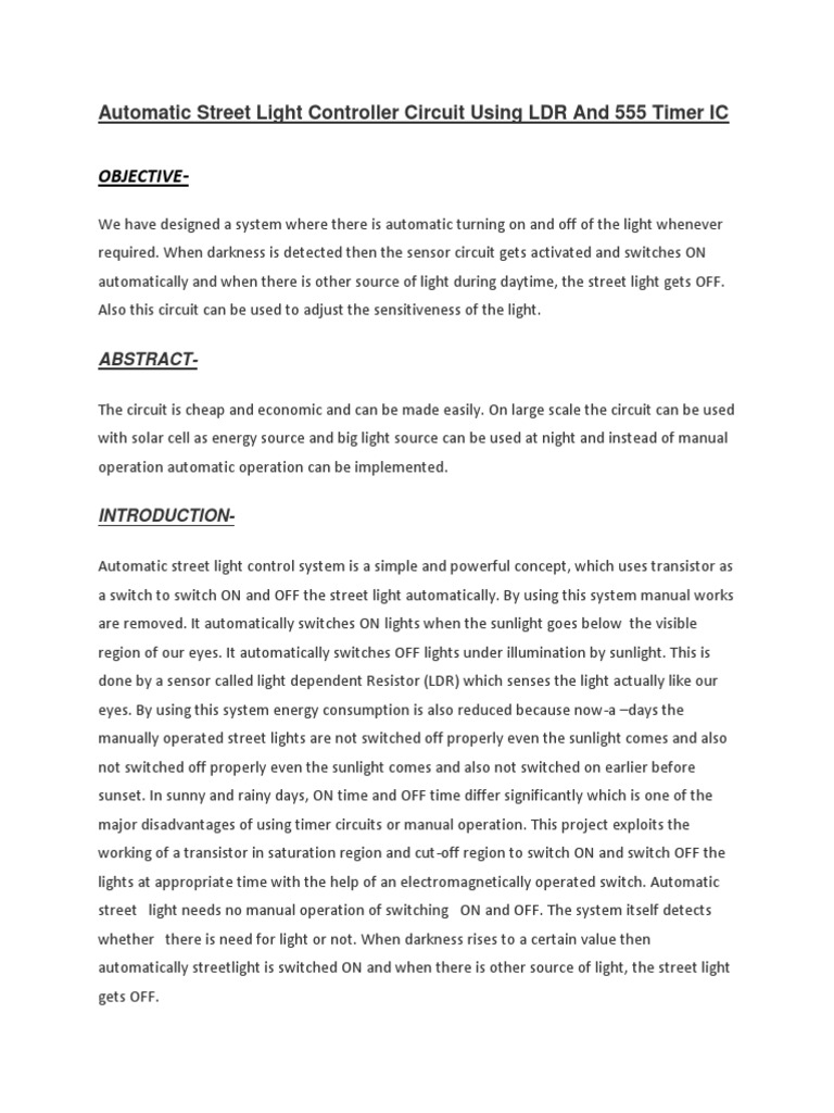 Automatic Street Light Controller Circuit Using LDR and 555 Timer IC ...