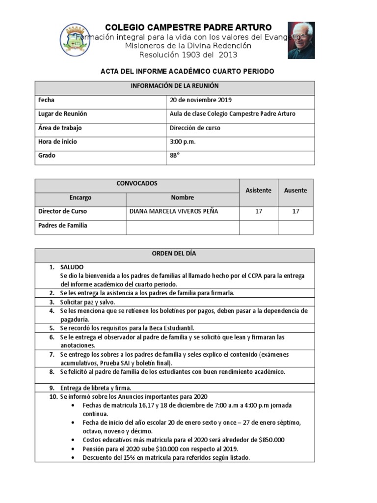 Acta Entrega de Informe Academico Cuarto Periodo | PDF | Estudiantes ...