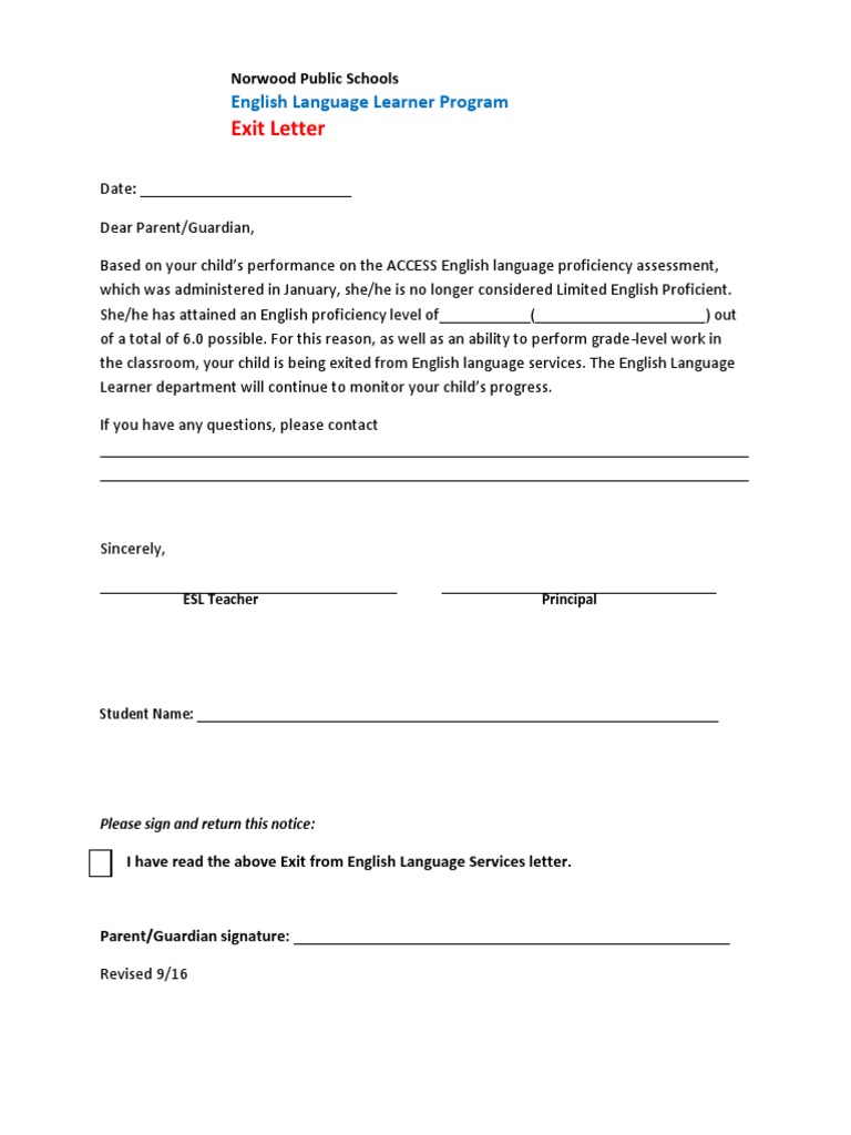 ESL Exit LEtter