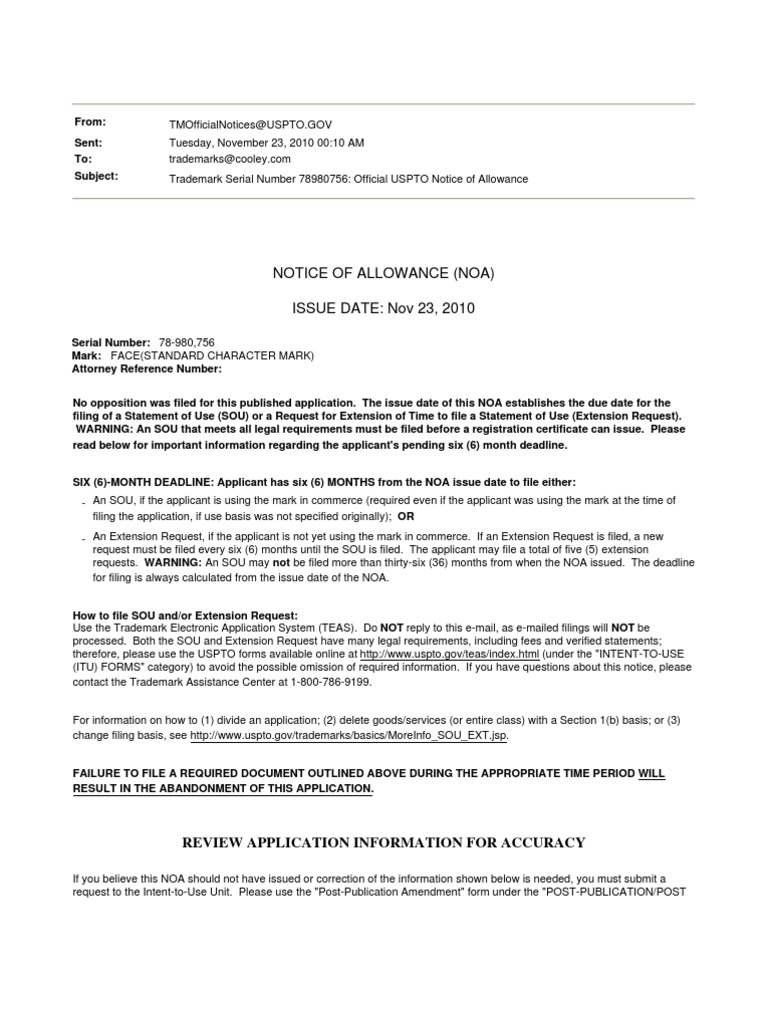 Notice of Allowance for 'Face' Trademark | United States Patent And ...