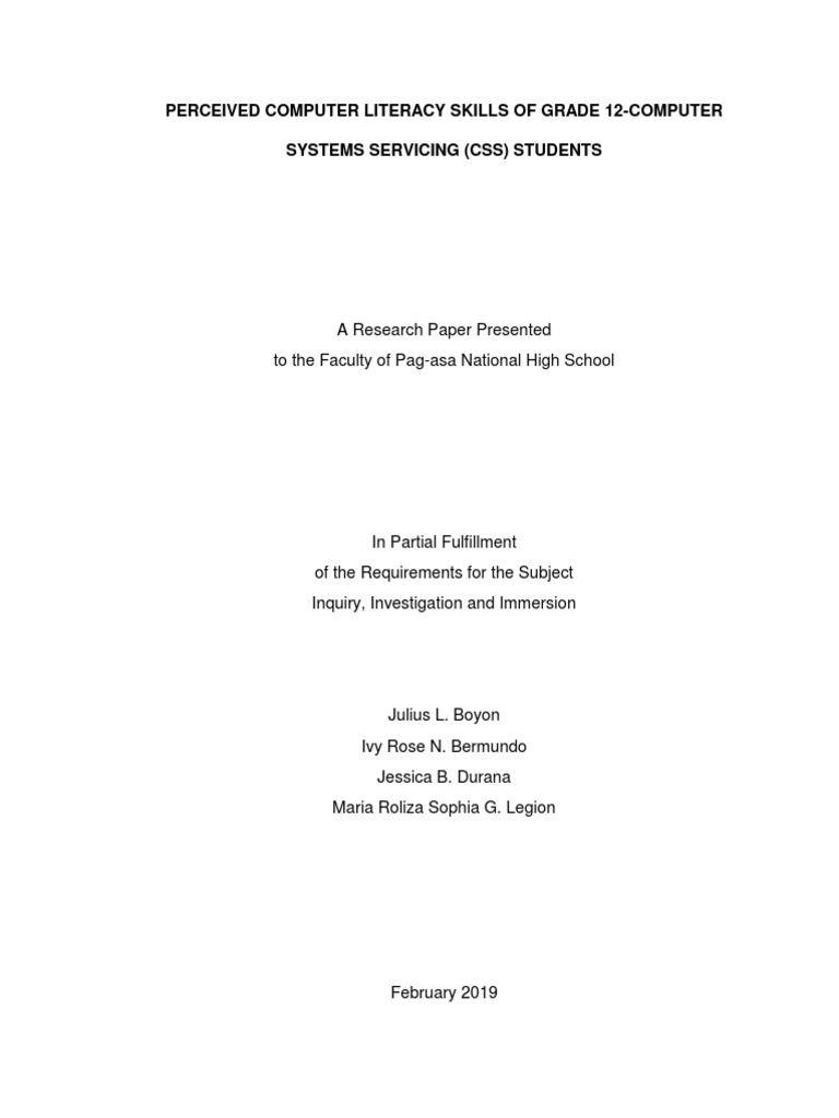 Computer Literacy Skills of Grade 12-Css Students (Completed Research ...