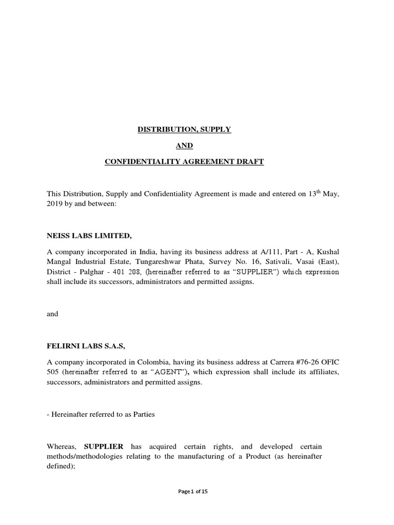 Distribution, Supply and Confidentiality Agreement | PDF | Indemnity ...