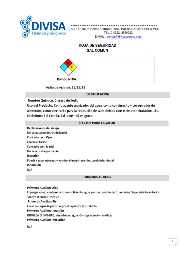 Hoja de seguridad para sal común | PDF | sal | Solubilidad
