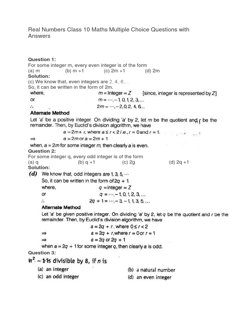 Real Numbers Class 10 Maths Multiple Choice Questions with Answers.docx ...