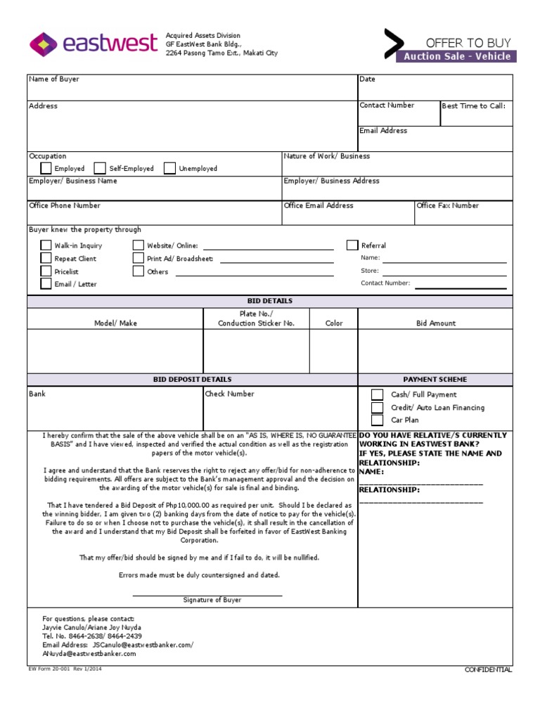 Offer to Purchase Vehicle from EastWest Bank Auction through Submission ...