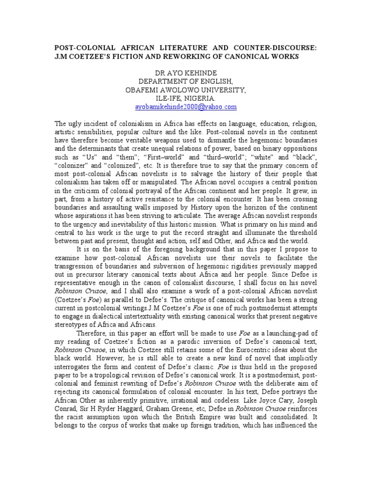 Post-Colonial African Literature and Counter-Discourse: J.M Coetzee'S ...