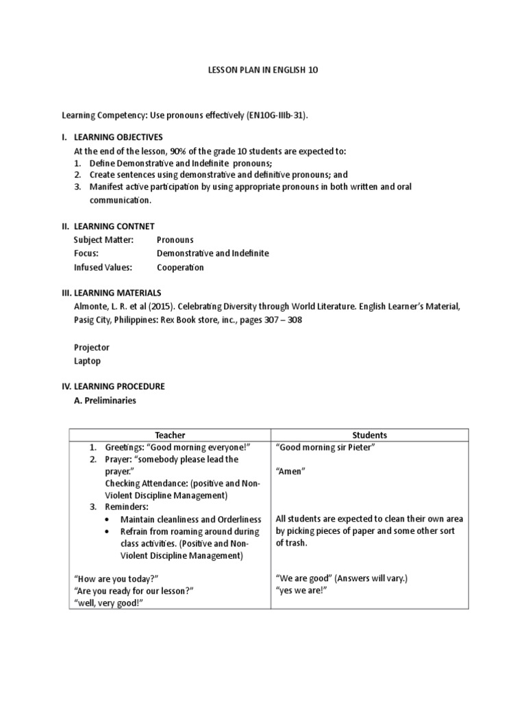 Lesson Plan in English 10 | PDF | Pronoun | Grammatical Number