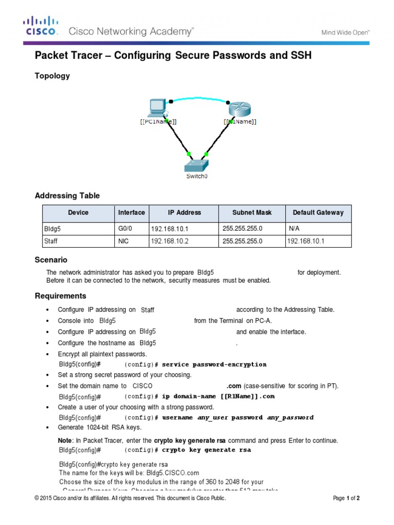 11.2.4.5 Packet Tracer - Configuring Secure Passwords and SSH PDF | PDF ...